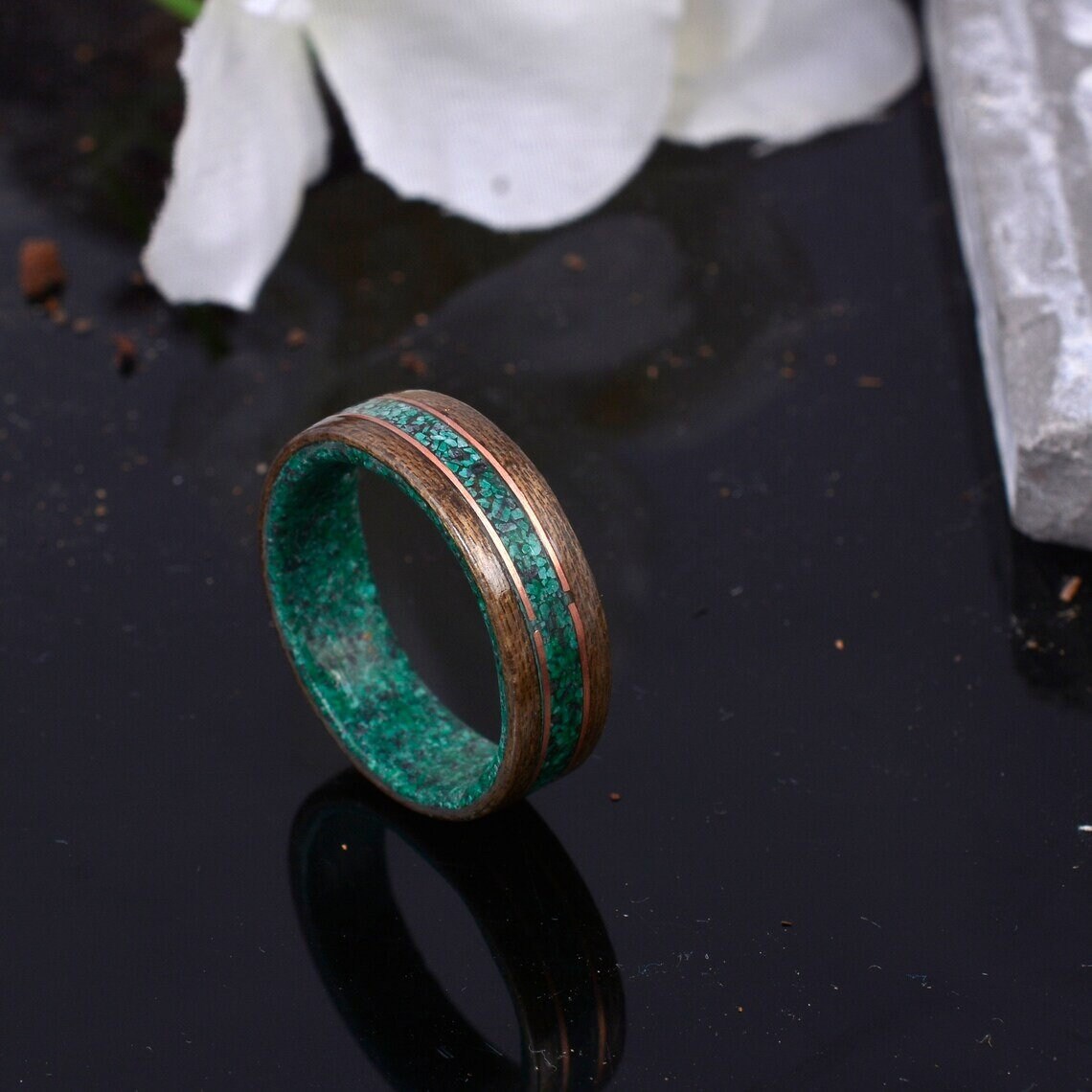 Malachite Ring Copper Wire Inlay Grey Wood Ring Wooden Wedding Band ...