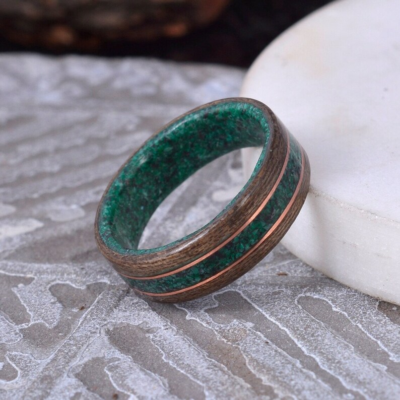 Malachite Ring Copper Wire Inlay Grey Wood Ring Wooden Wedding Band ...