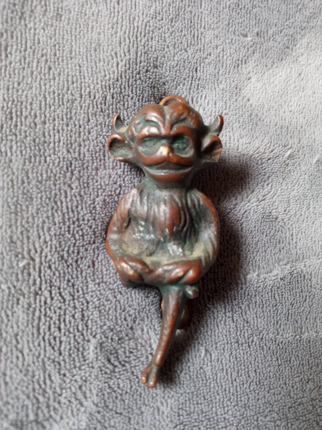 Small 3.5" Tarnished Brass Devil Chimp Pixie Horned Character Door ...