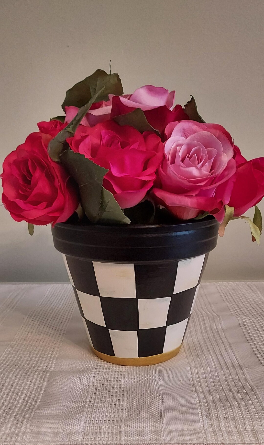 Hand Painted Checkerboard Pot With Pink Silk Roses Arrangement - Etsy