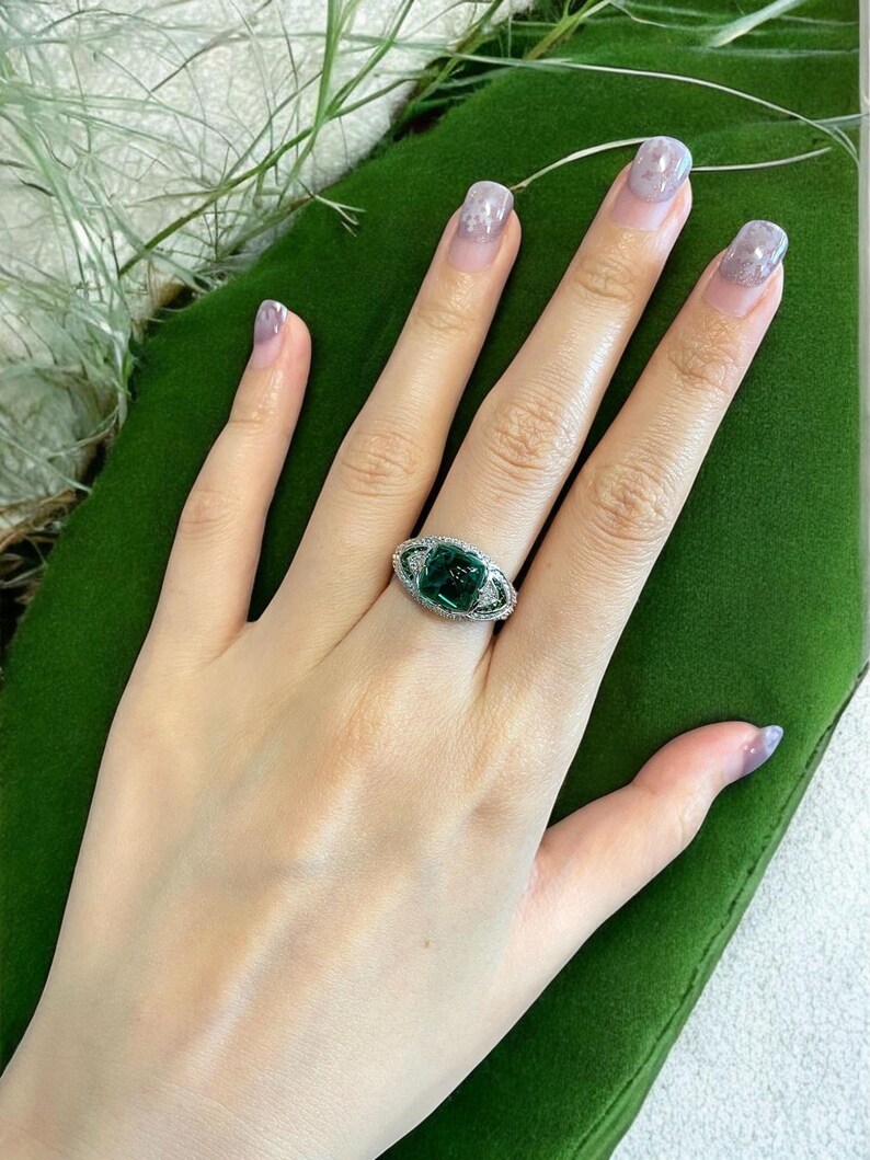 Emerald Cushion Cut Halo Ring | Vintage Art Deco Sterling Silver ...