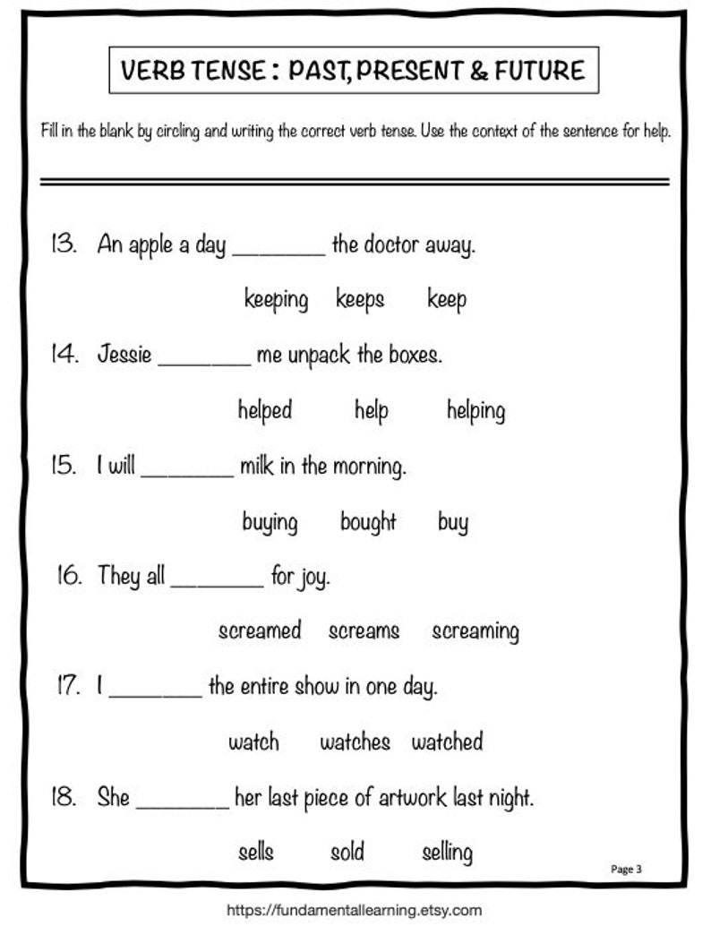 Verb Tense Worksheet, English Worksheets for Kids, Kids Spelling ...