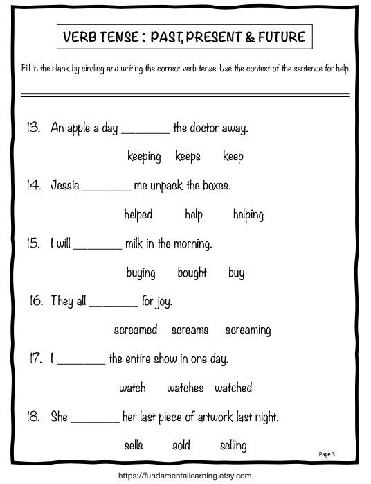 Verb Tense Worksheet, Grammar Practice (PDF Download) - Etsy