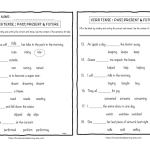 Verb Tense Worksheet, Grammar Practice (PDF Download) - Etsy