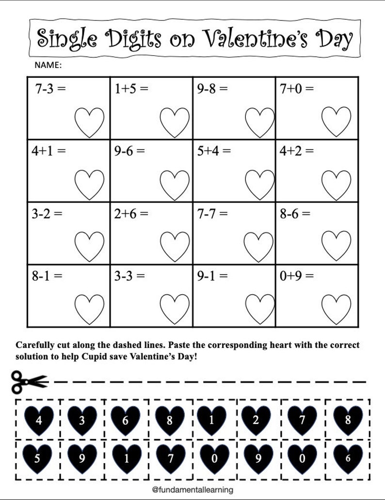 Valentine's Day Math Worksheet, Single Digit Addition & Subtraction ...