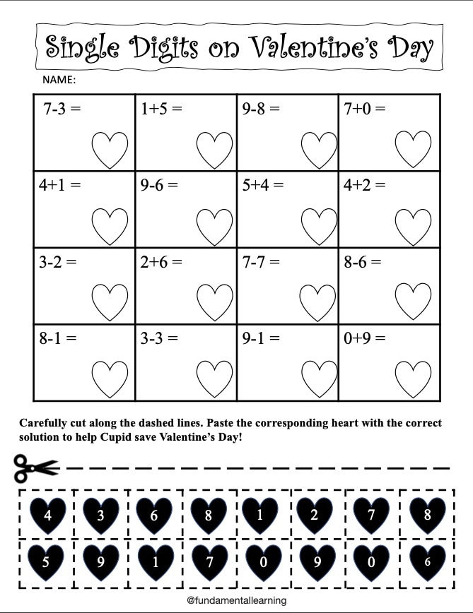 Valentine's Day Math Worksheet, Single Digit Addition & Subtraction ...