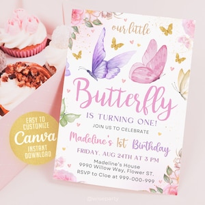 Editable Butterfly Birthday Invitation, First Birthday Invitation, Girl ...
