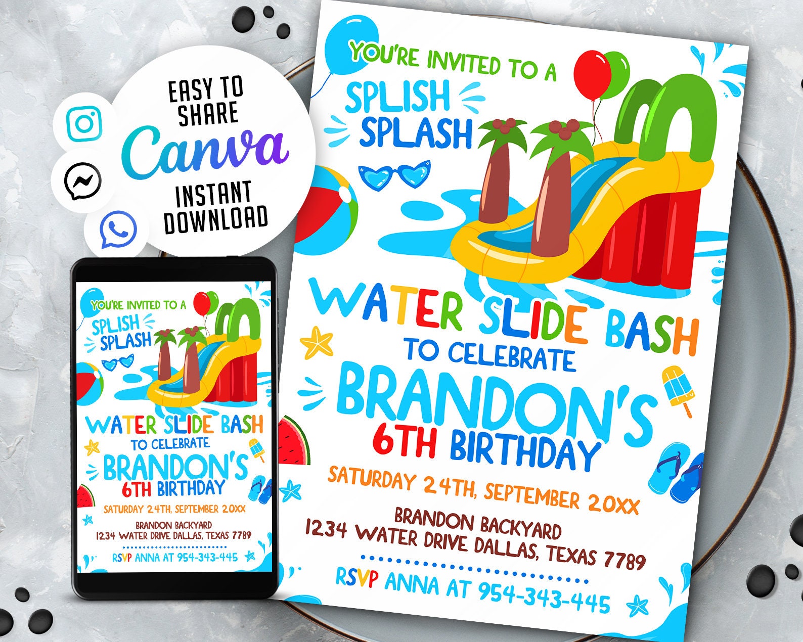 Editable Water Slide Birthday Splash Party Invitation, Boy, Girl, Slide ...