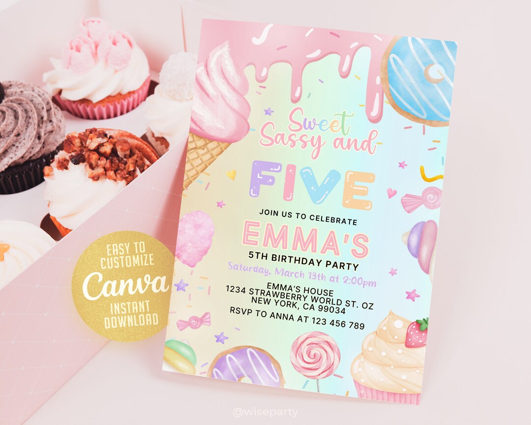 Sweet Sassy and Five Birthday Invitation, Candy 5th Invitation, Candy ...