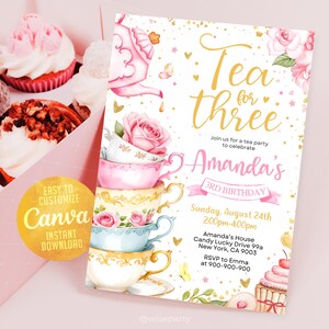 Tea for Three Birthday Invitation Tea for Three 3rd Birthday Party Pink ...
