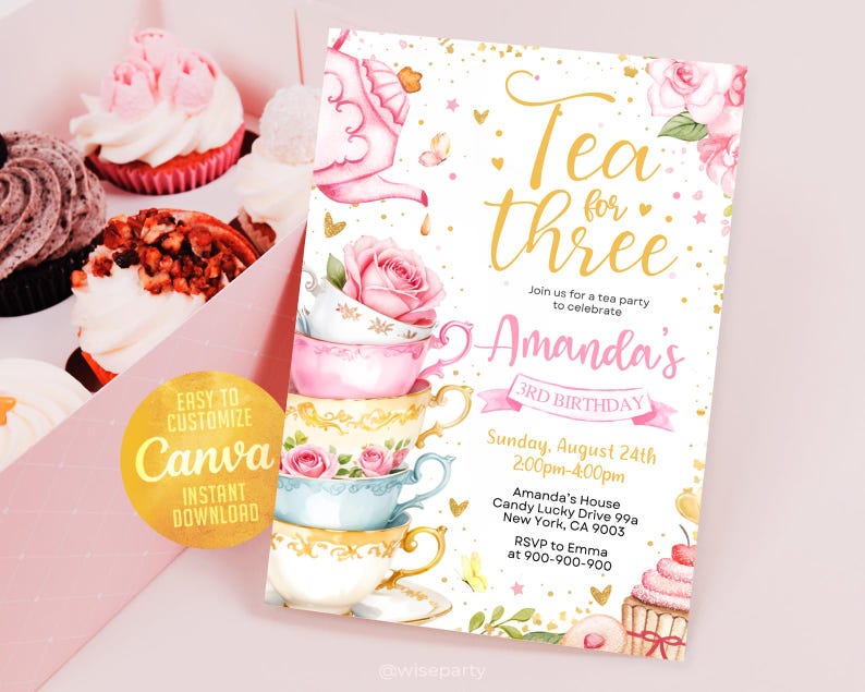 Tea for Three Birthday Invitation Tea for Three 3rd Birthday Party Pink ...
