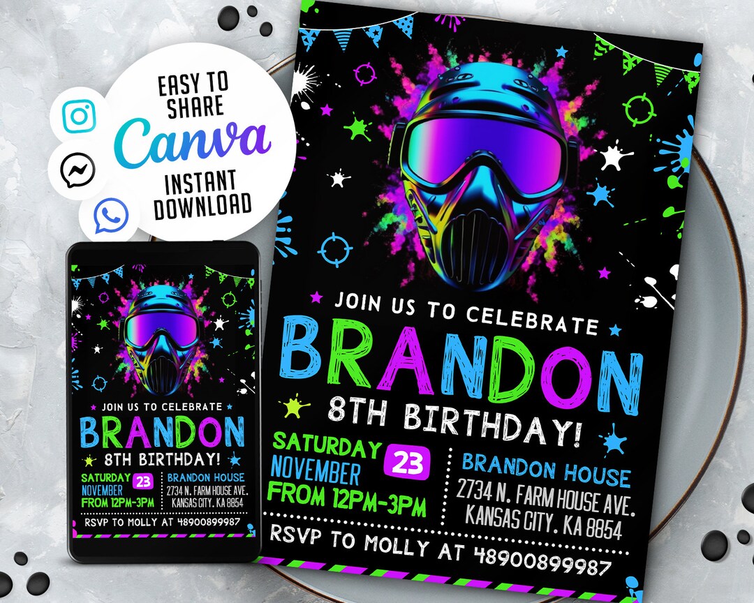Paintball Birthday Invitation, Paintball Invitation, 5x7 Editable Canva ...
