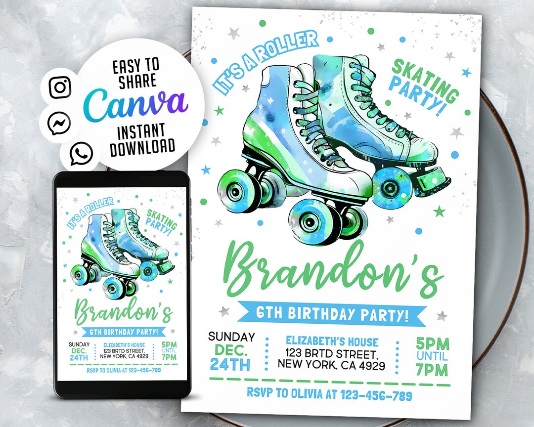 Skate Party Birthday Invitation, Roller Skating, Party Invitation, Boy ...