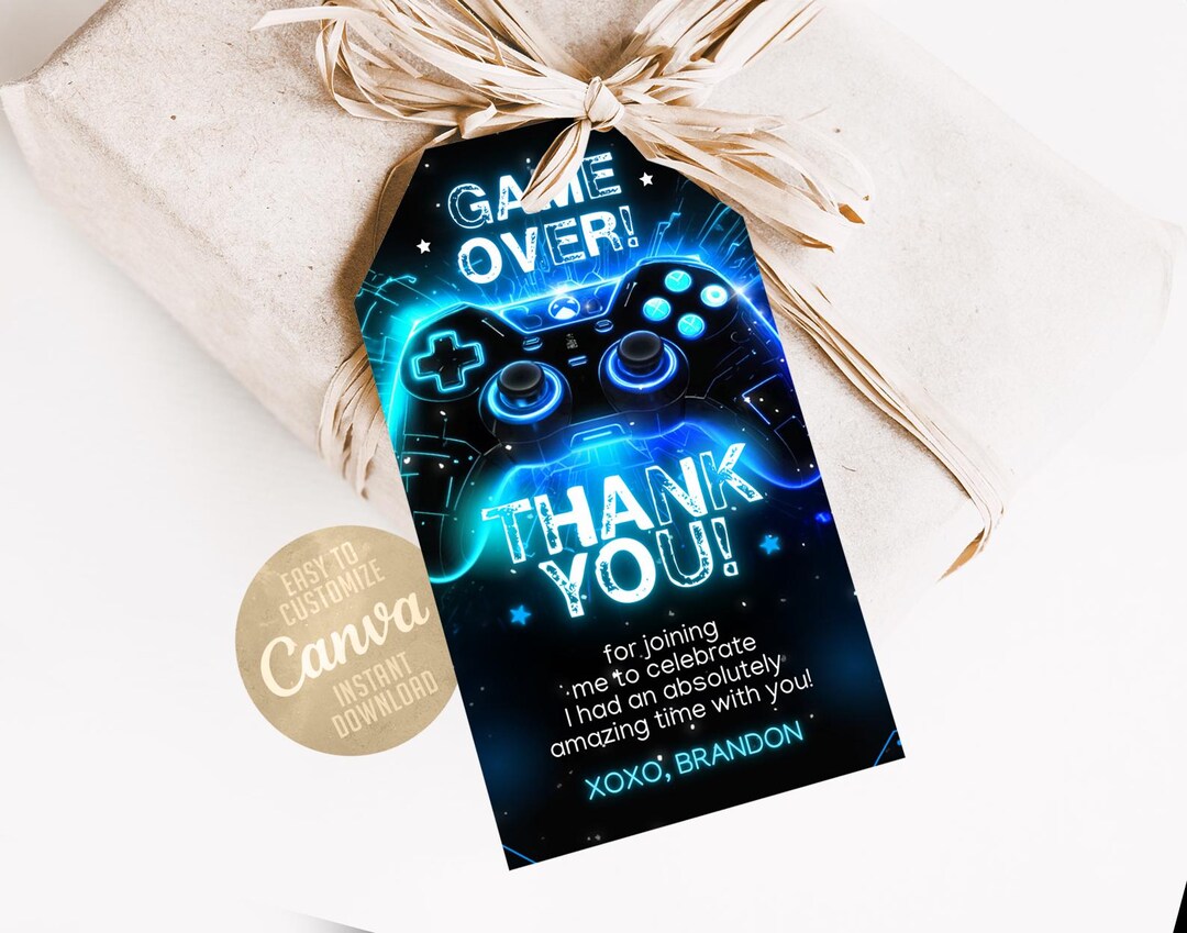 Thank You Tag Gamer Theme, Gaming Birthday Thank You Tag, Editable ...