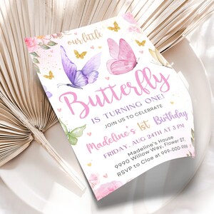 Editable Butterfly Birthday Invitation, First Birthday Invitation, Girl ...