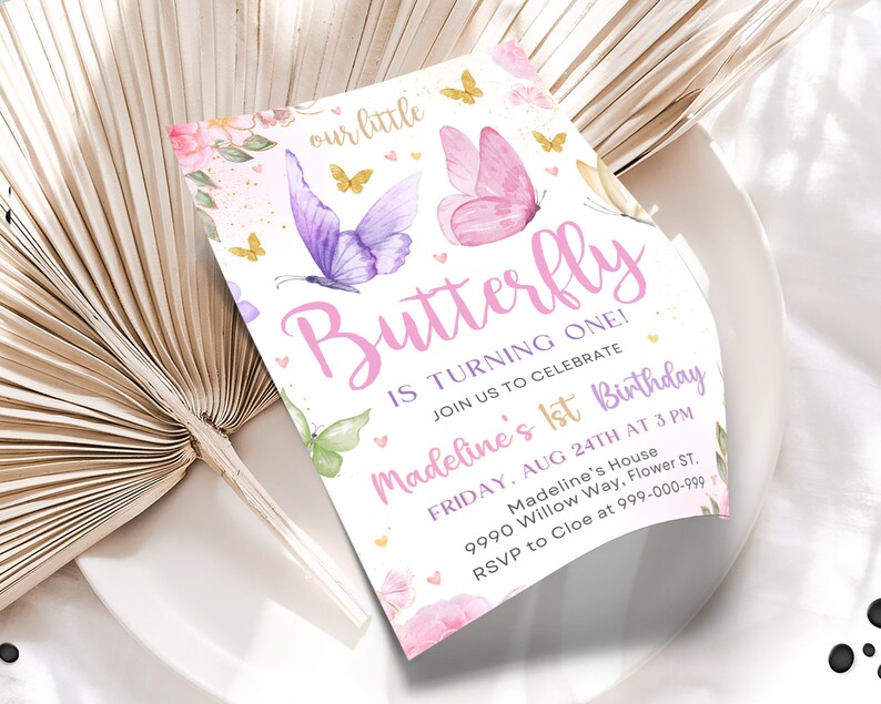 Editable Butterfly Birthday Invitation, First Birthday Invitation, Girl ...