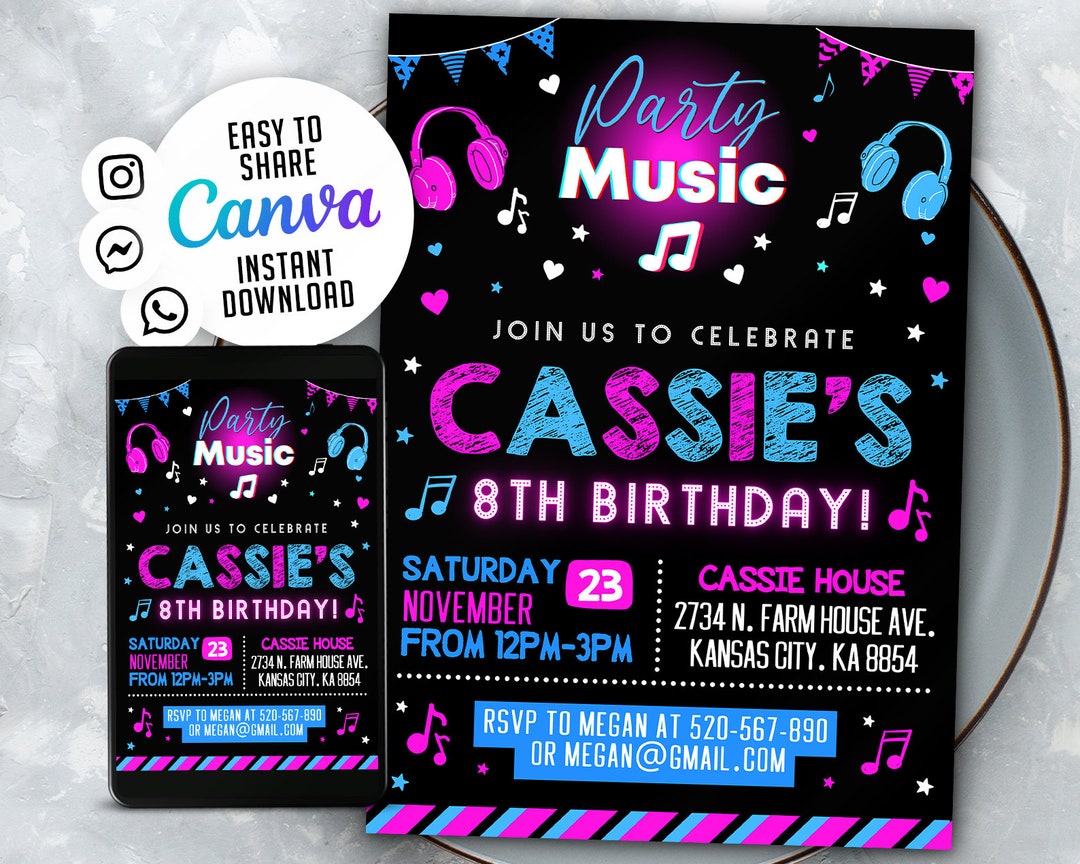 Editable Music Invitation, Tik Music Invitation, 5x7 Editable Canva ...