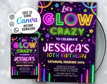 Glow Crazy Party Birthday Invitation, Glow Invitation, Girl, Boy, Neon ...