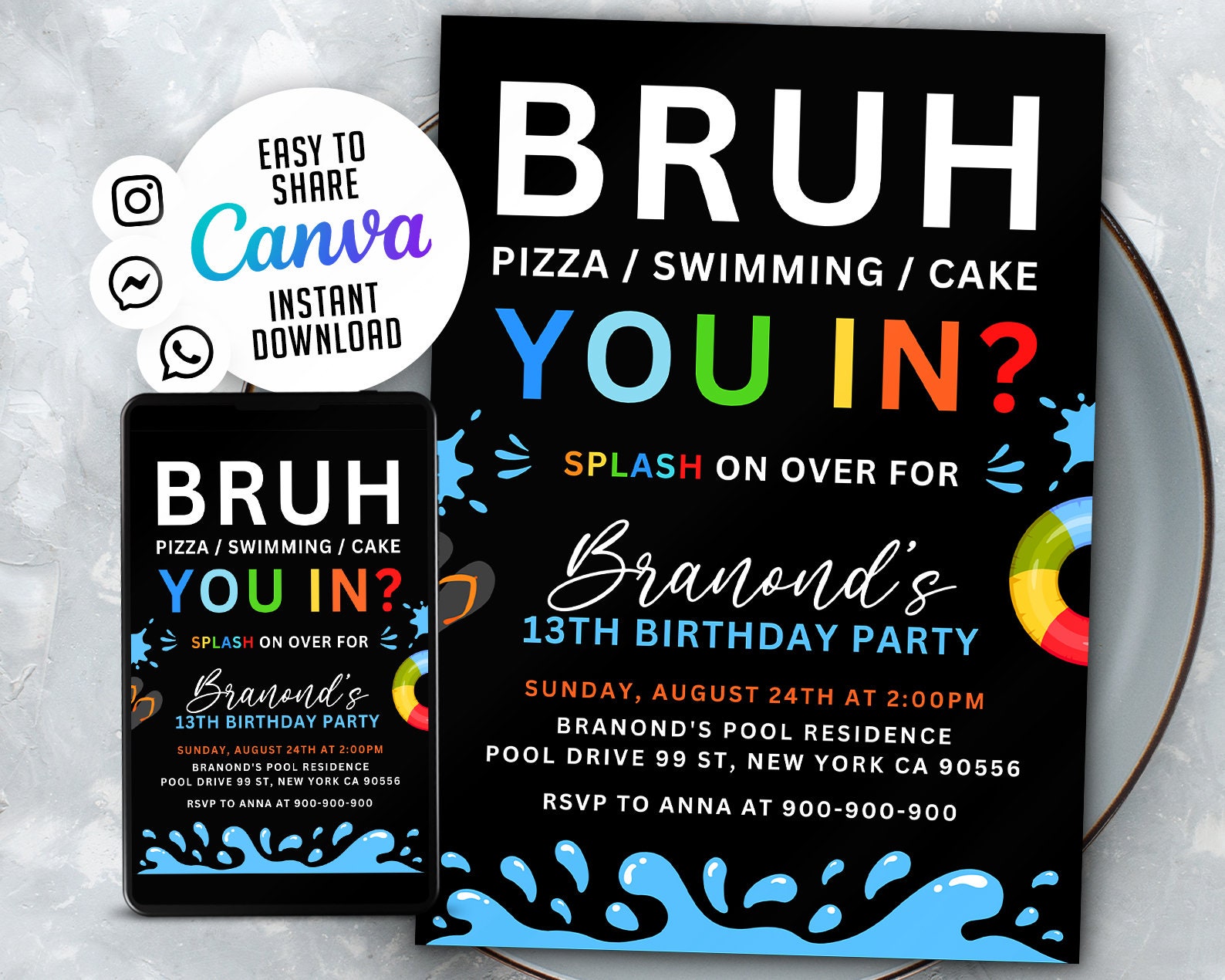 Bruh Pool Birthday Invitation, Teen Boy Party Invite, Editable Canva ...