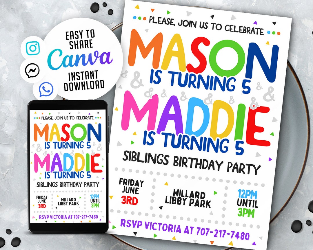 Editable Siblings Birthday Invitation | Double Birthday Invitation ...