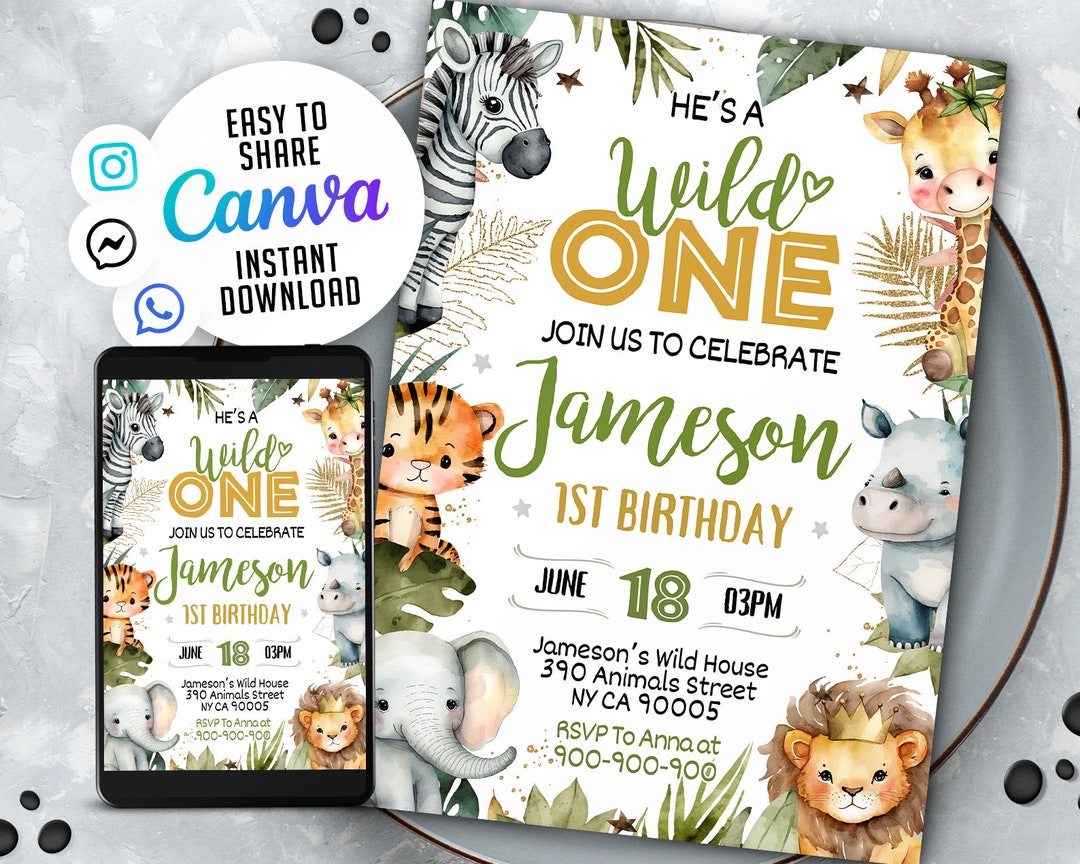 Editable Safari Birthday Invitation, Wild One Invitation, Jungle ...