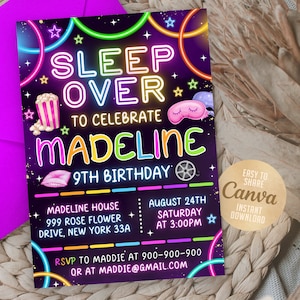 Editable Sleepover Birthday Invitation, Neon Sleepover Invite, Slumber ...