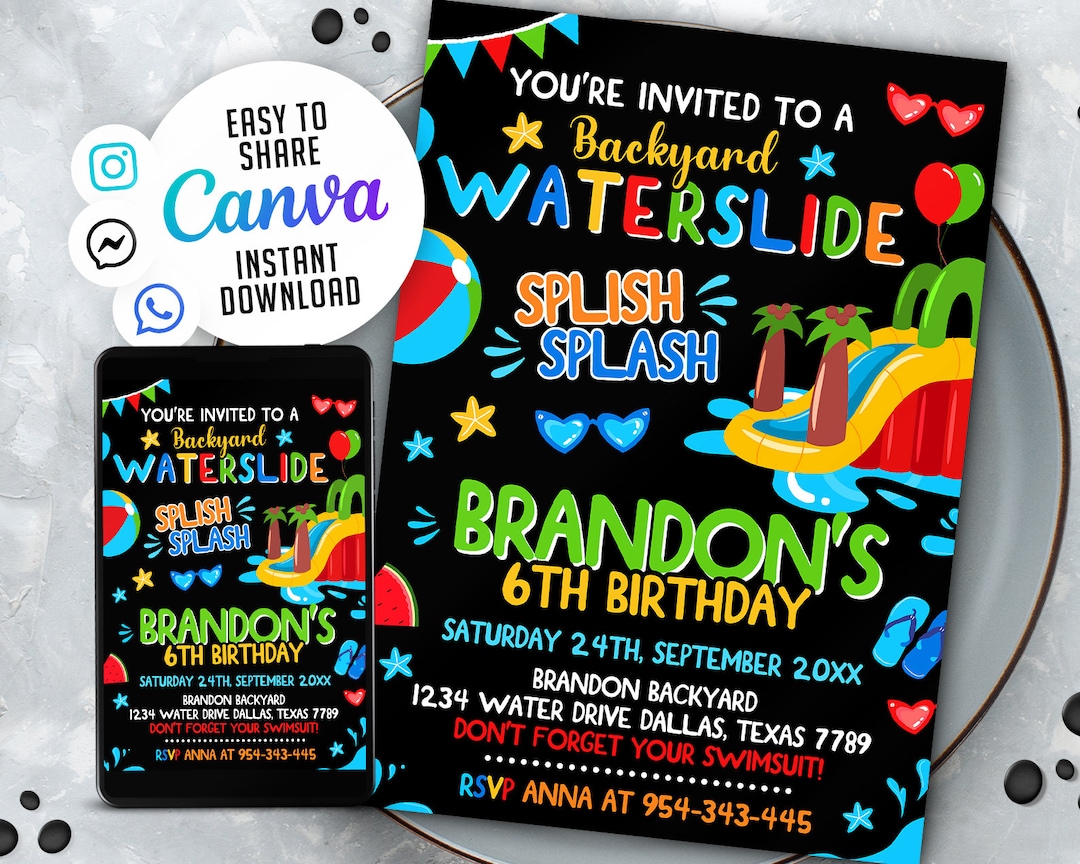 Editable Water Slide Birthday Splash Party Invitation, Boy, Girl, Slide ...