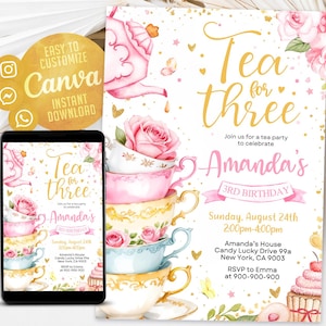 Tea for Three Birthday Invitation Tea for Three 3rd Birthday Party Pink ...