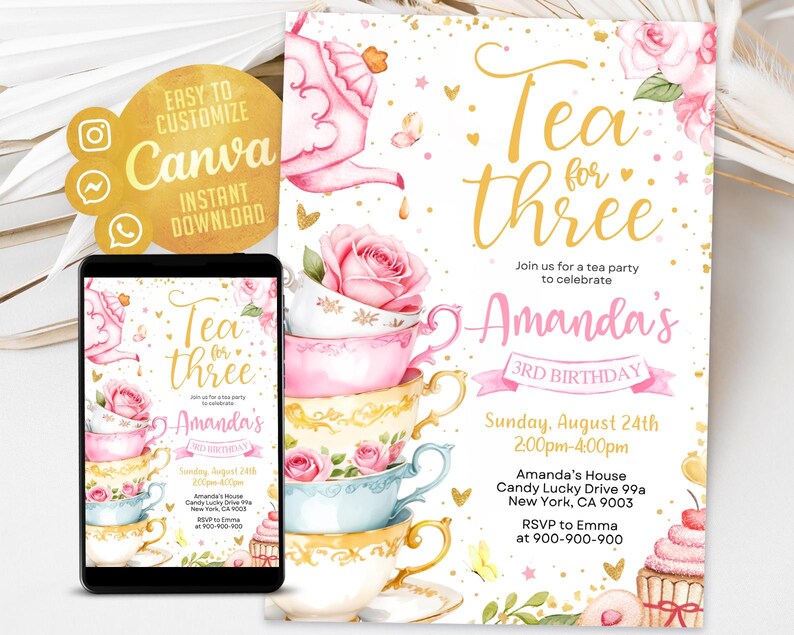 Tea for Three Birthday Invitation Tea for Three 3rd Birthday Party Pink ...
