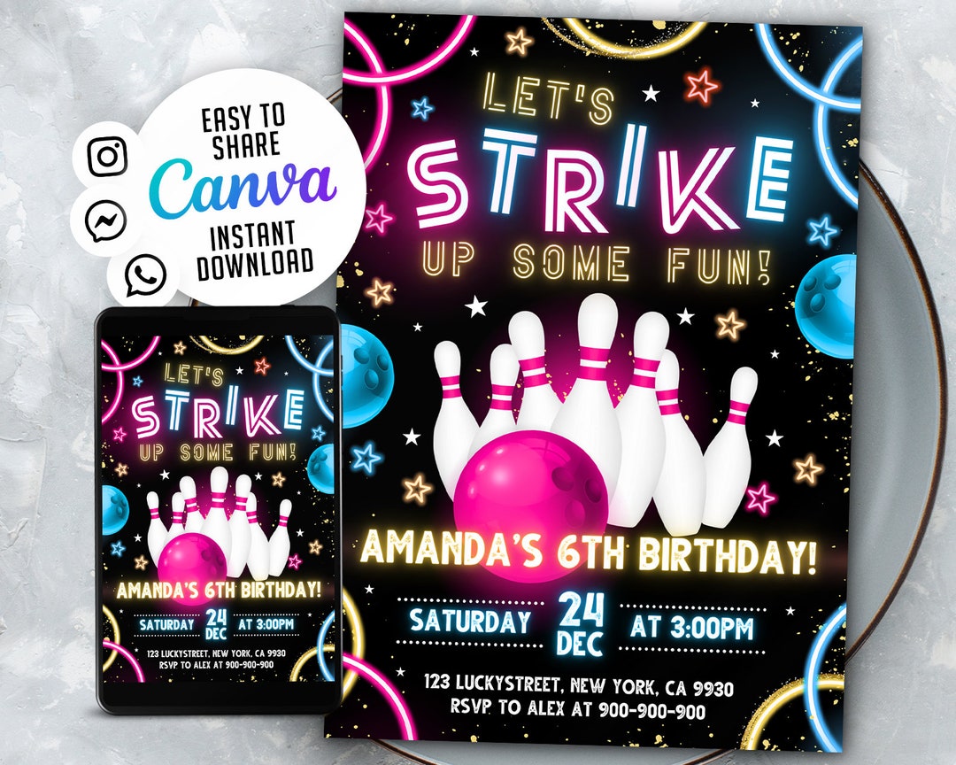 EDITABLE Bowling Party Invitation, Editable Bowling Birthday Invitation ...