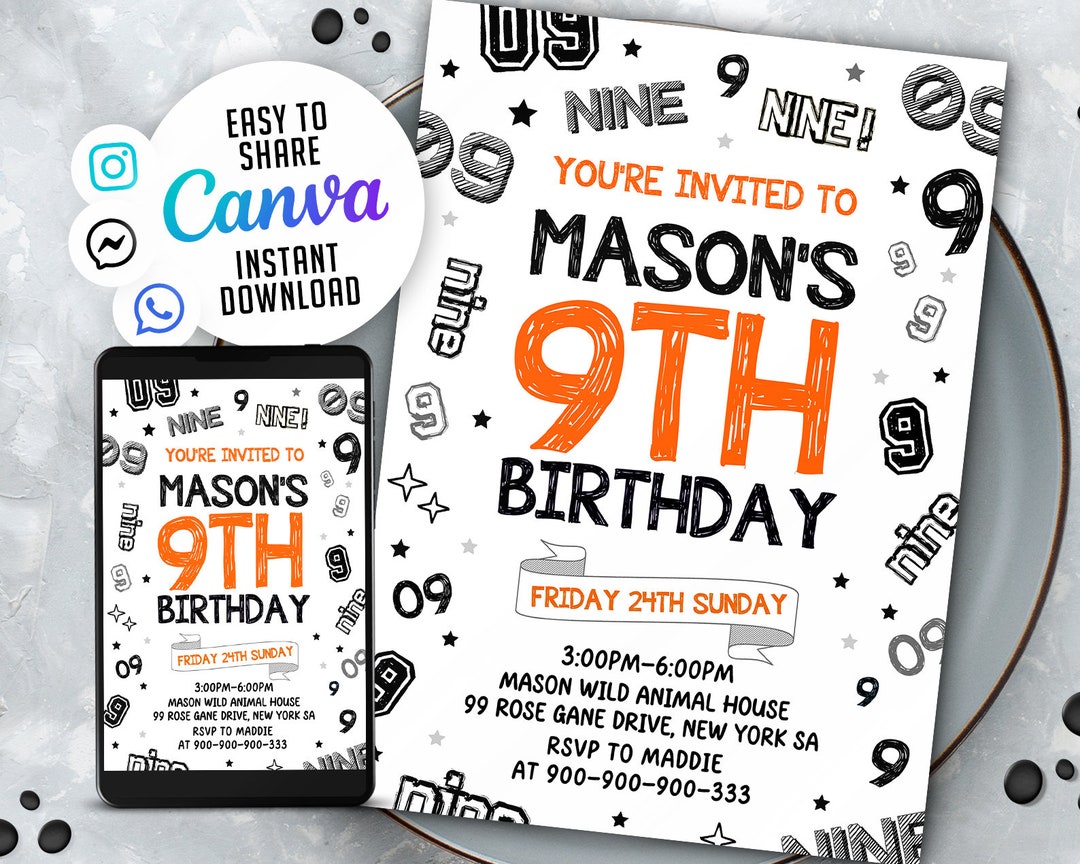 9th Boy Birthday Invitation, Boy Birthday Invites, Instant Download Boy ...