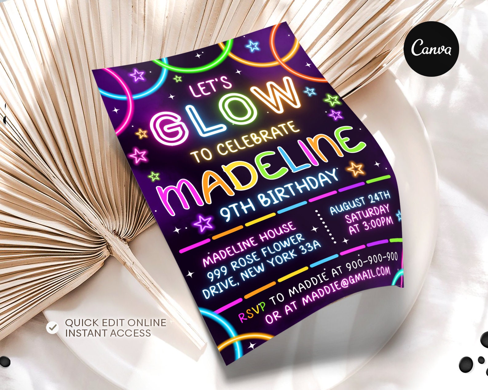 Neon Glow Birthday Invitation, Editable Canva Template (digital ...