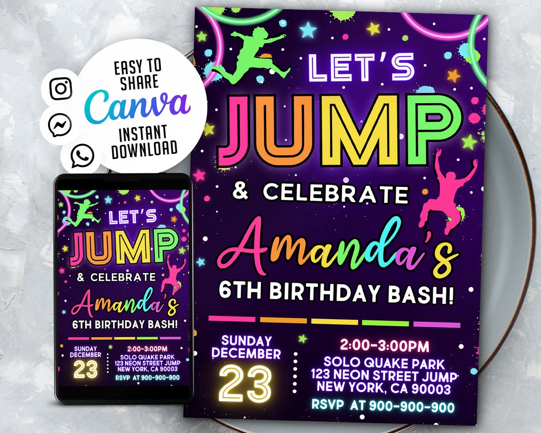 Editable Jump Birthday Party Invitation Trampoline Park Jump Birthday ...