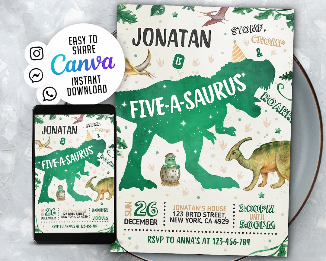 Editable Dinosaur 5th Birthday Invitation, Dinosaur Party Invite ...