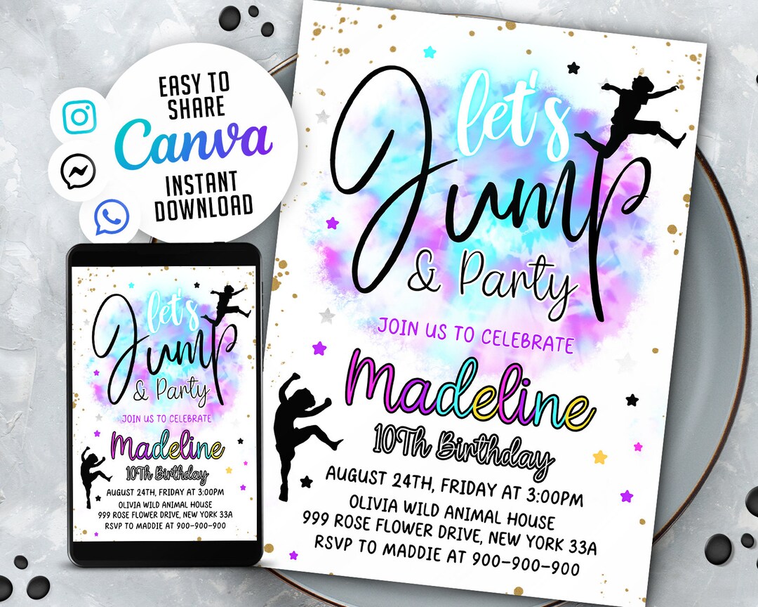 Editable Jump Birthday Party Invitation Tie Dye Jump Birthday Party ...