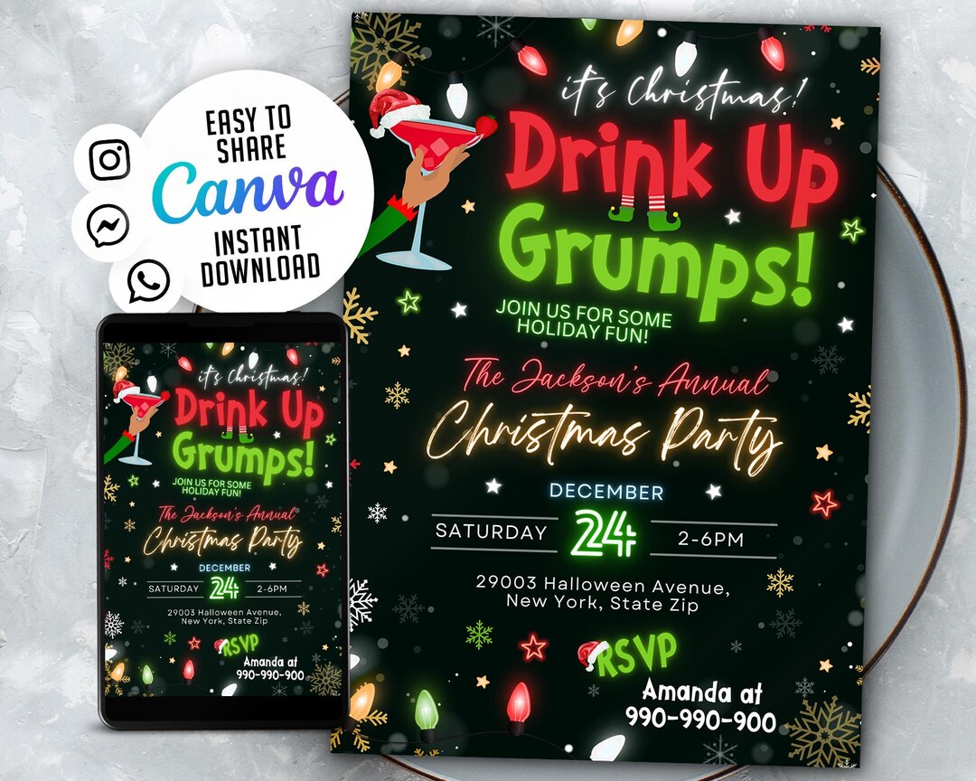 Funny Christmas Party Invitation, Drink up Grumps Invite, Friendsmas ...