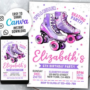 Skate Party Birthday Invitation, Roller Skating, Party Invitation, Girl ...