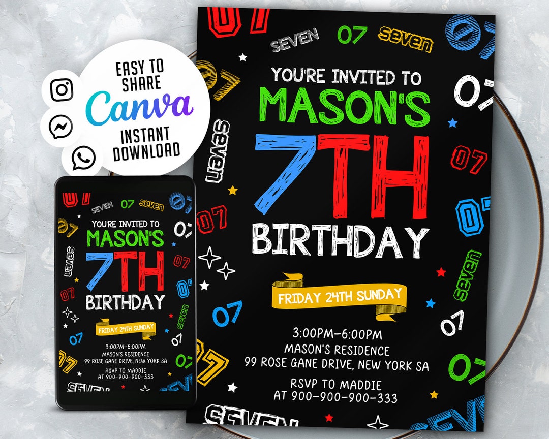 Boy Birthday Invitation, 7th Boy Birthday Invitation, Boy Birthday ...