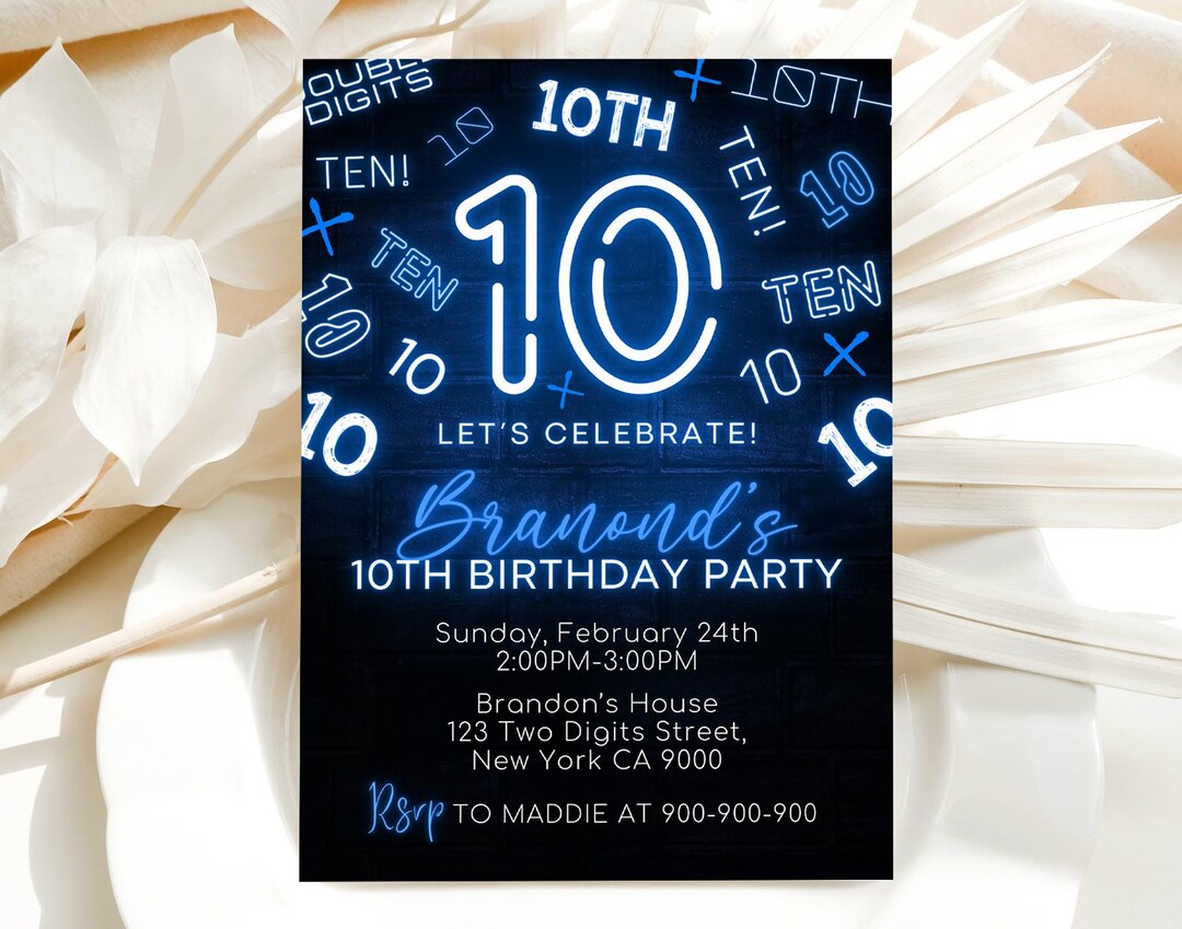 Neon 10th Birthday Invitation, Boy Party Template (digital Download) - Etsy