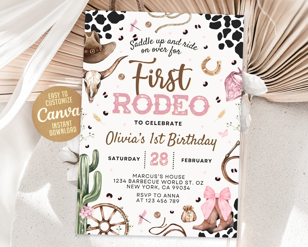 First Rodeo Girl Birthday Invitation, Cowgirl Birthday Party Invitation ...