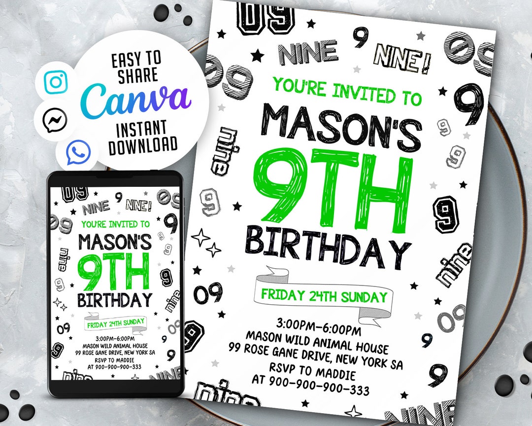 9th Boy Birthday Invitation, Boy Birthday Invites, Instant Download Boy ...
