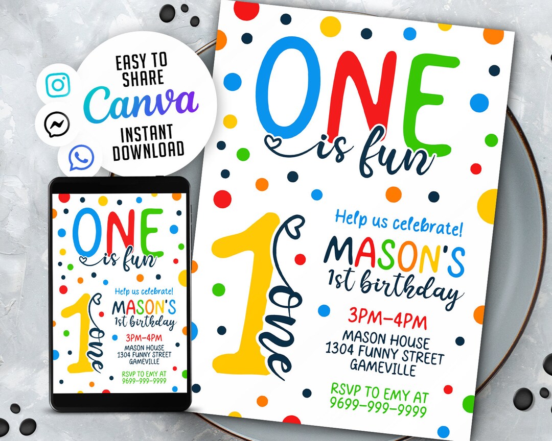 One is Fun 1st Birthday Invitation, Polka Dot 1st Birthday Invitation ...