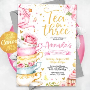 Tea for Three Birthday Invitation Tea for Three 3rd Birthday Party Pink ...