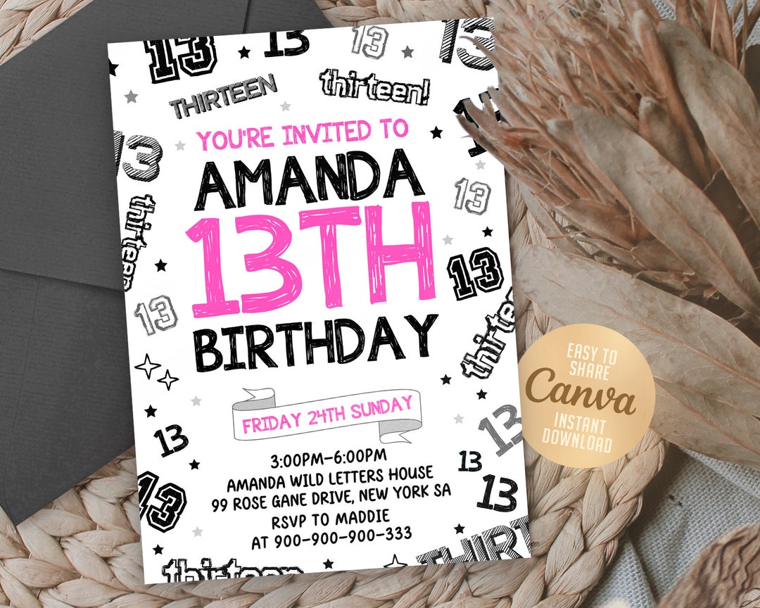 13th Girl Birthday Invitation, Editable Template, 13 Bday Invites, 4209 ...