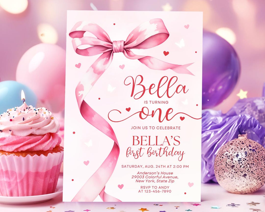 Pink Bow Invitation, Pastel Girl First Birthday Template, 1st Birthday ...