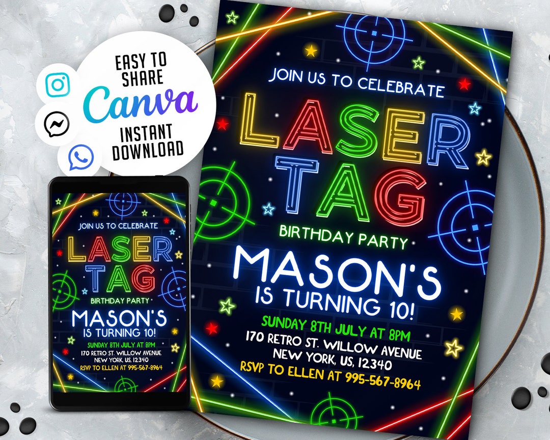 Editable Laser Tag Party Invitation Neon Birthday Invitation - Etsy