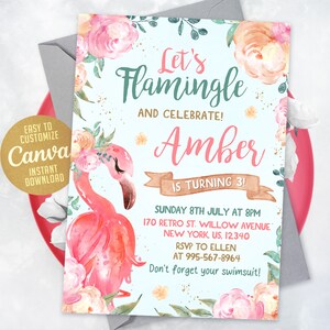 Flamingo Birthday Party Invitation, Flamingo Theme Party, Electronic ...