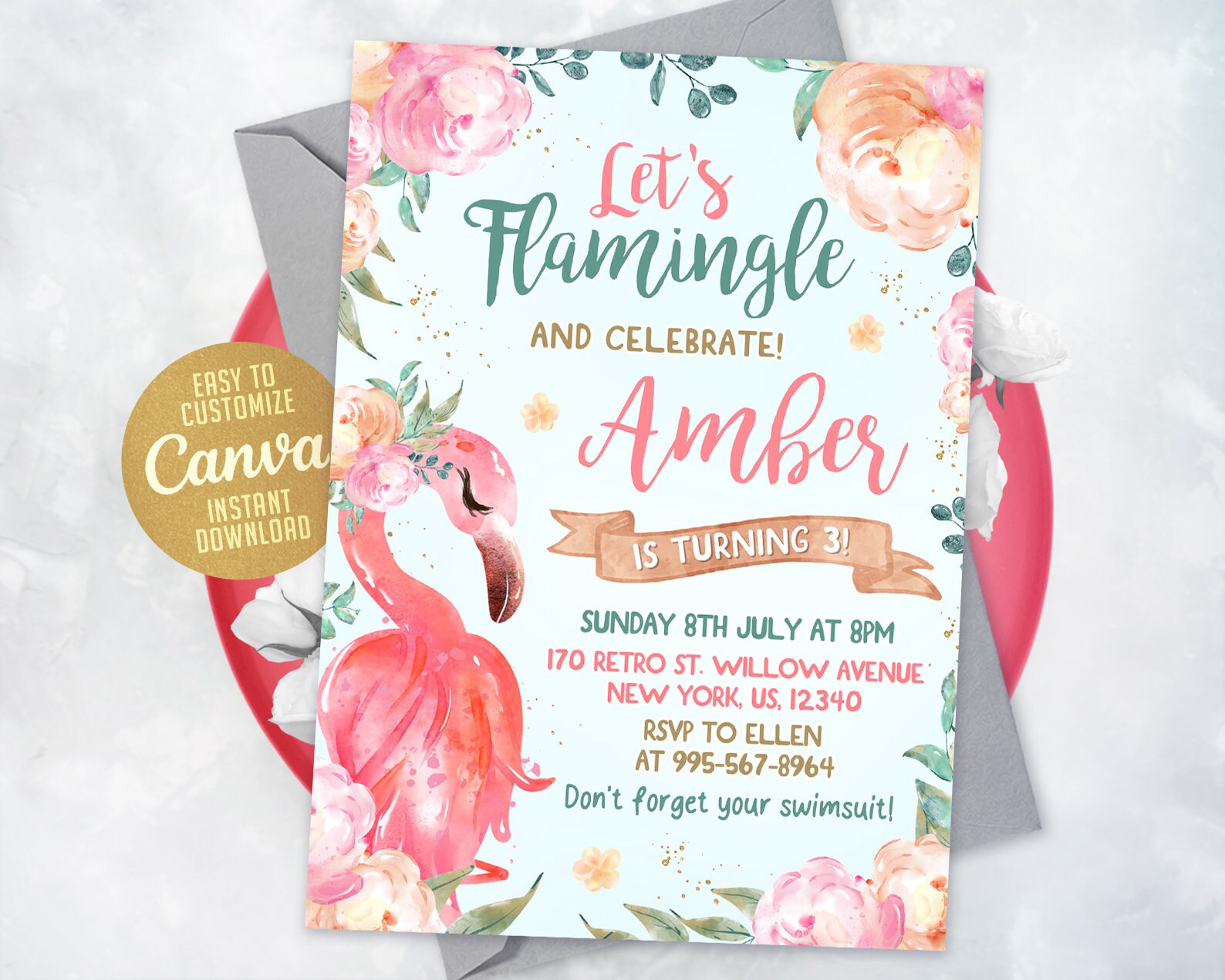 Flamingo Birthday Party Invitation, Flamingo Theme Party, Electronic ...
