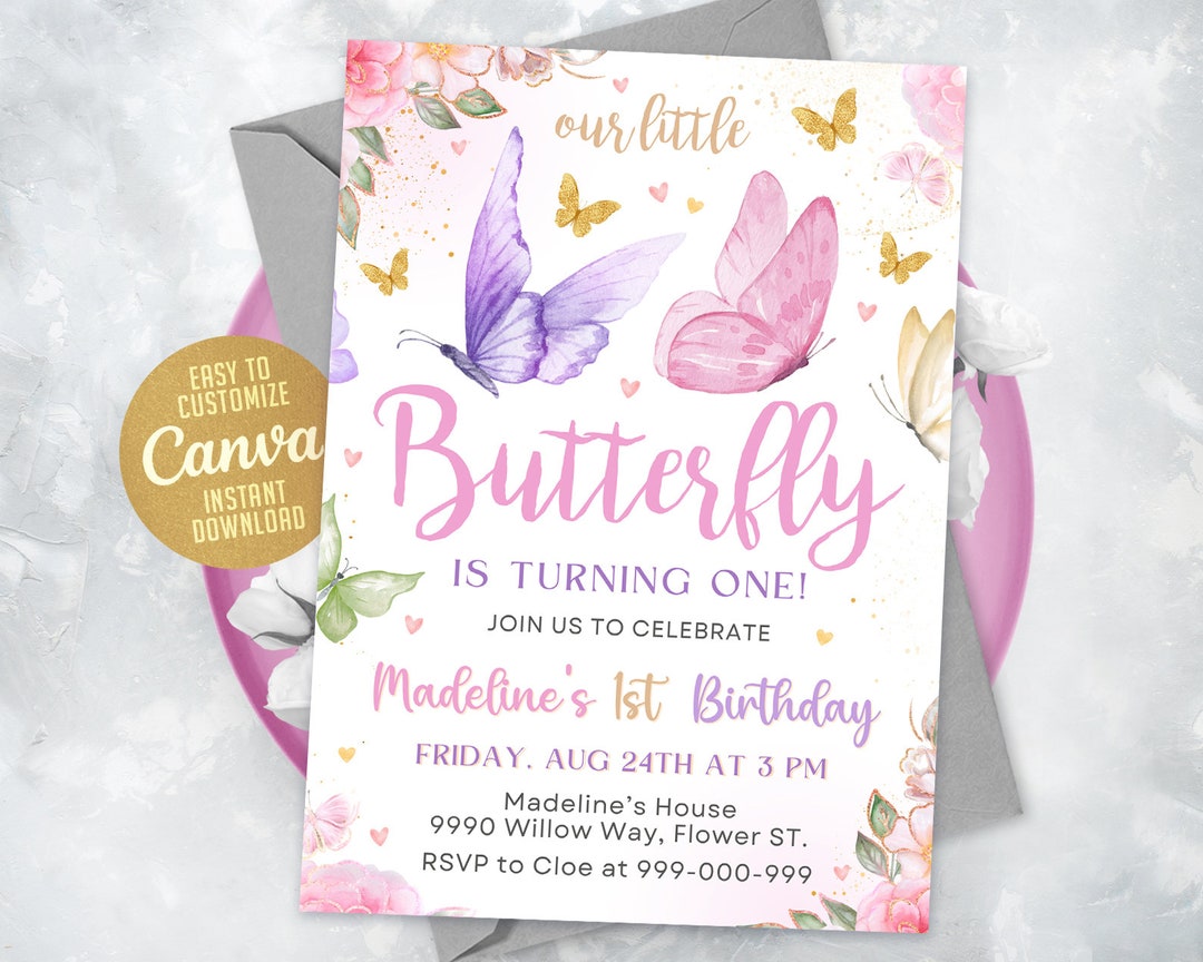 Editable Butterfly Birthday Invitation, First Birthday Invitation, Girl ...