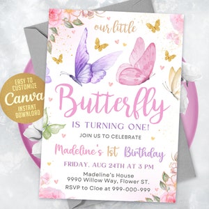 Editable Butterfly Birthday Invitation, First Birthday Invitation, Girl ...
